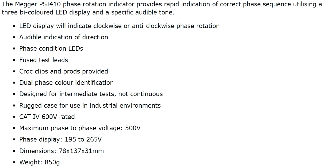 MEGGER PHASE SEQUENCE INDICATOR - PSI410 ציוד בדיקה ומכשירי מדידה סידרה ...