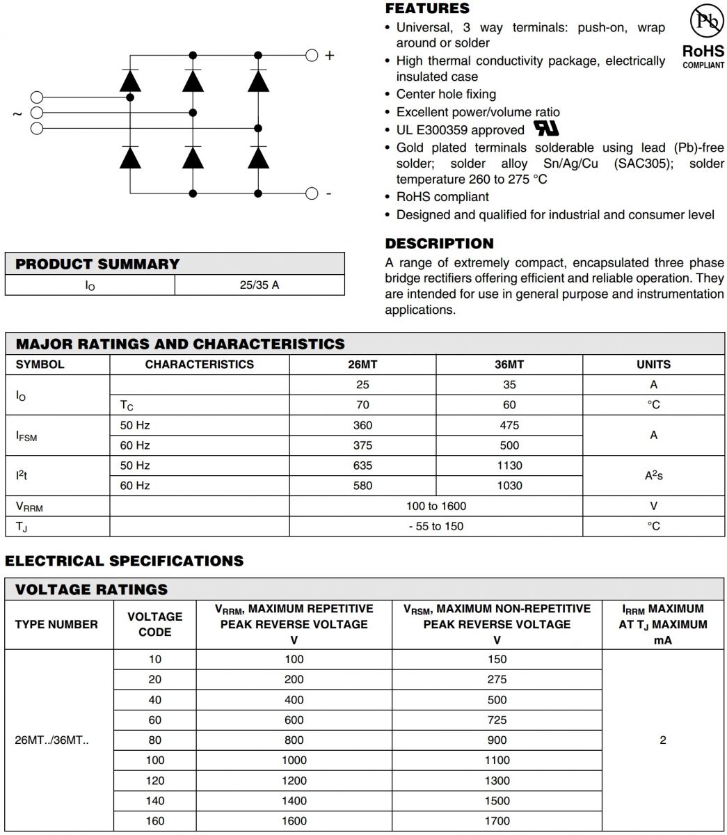 VISHAY 25A / 35A THREE PHASE BRIDGE RECTIFIERS - 26MT / 36MT SERIES ...
