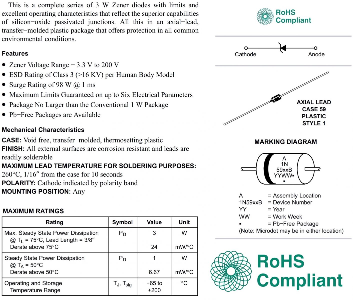 ON SEMICONDUCTOR AXIAL LEAD 3W ZENER DIODES - 1N59X SERIES רכיבי ...