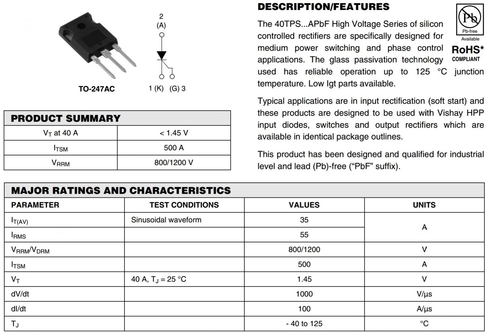 VISHAY SCR THYRISTORS - TO-247 רכיבי אלקטרוניקה סידרה : 11096