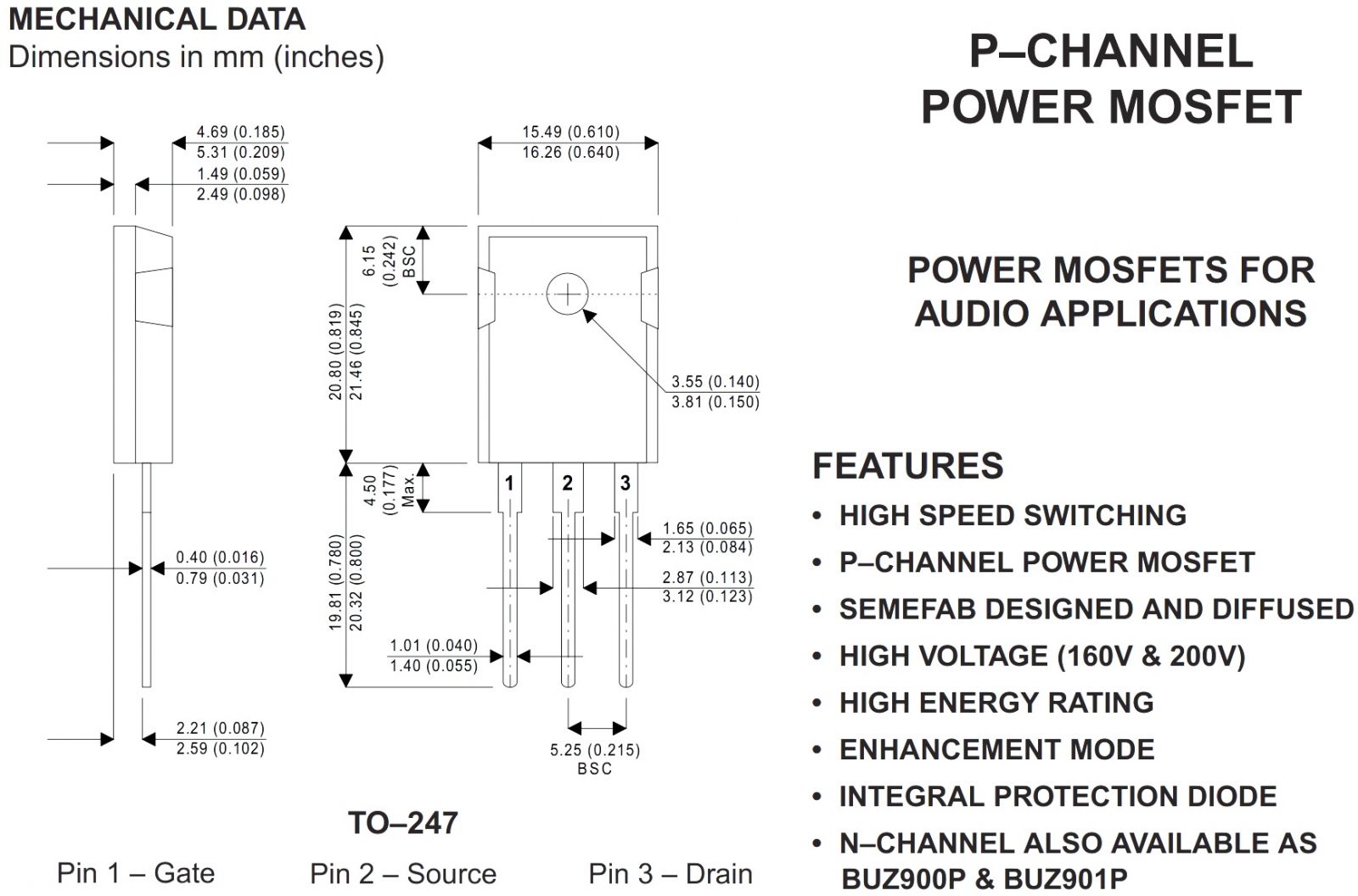 SEMELAB THROUGH HOLE MOSFET TRANSISTORS - P CHANNEL - TO-247 רכיבי ...