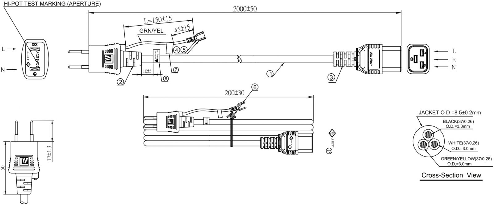 כבל חשמל יצוק - JAPAN ~ IEC C19 - 15A - 125V - 2M - טלמיר אלקטרוניקה