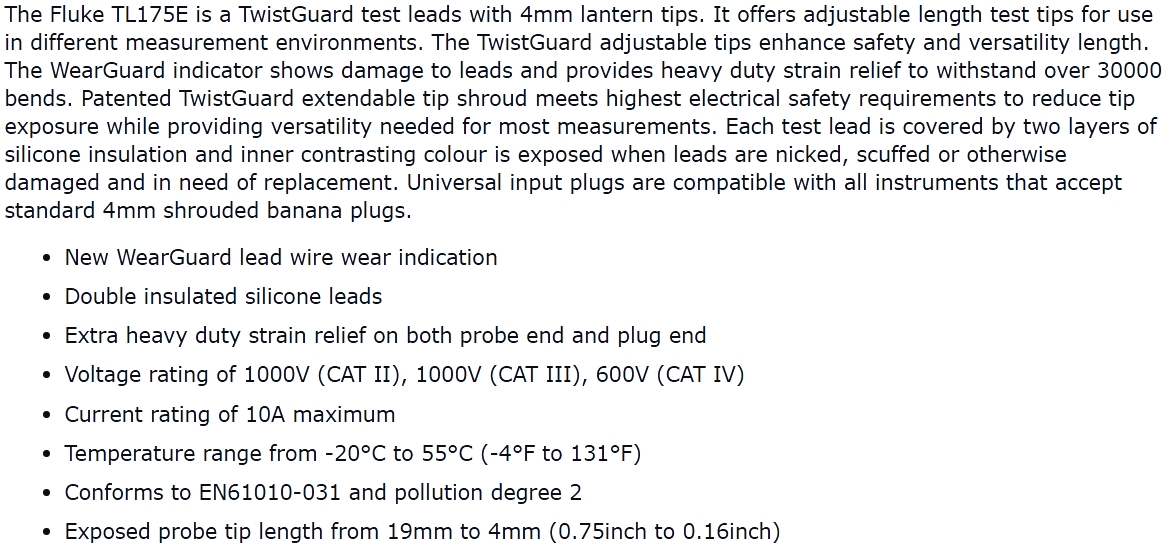 FLUKE TWIST GUARD & LANTERN TIPS DMM TEST LEAD SET - TL175E ציוד בדיקה ...
