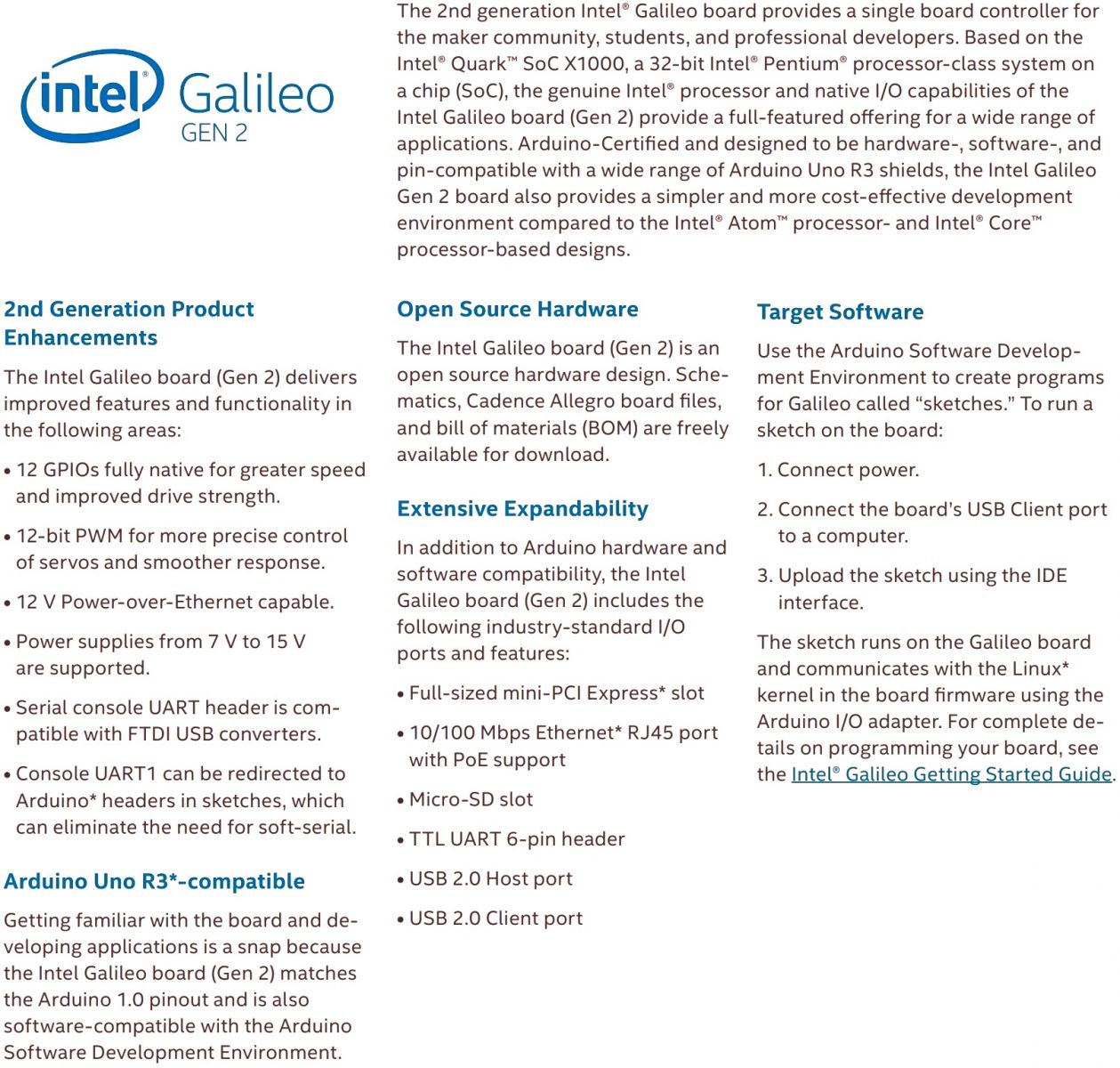 INTEL GALILEO GEN 2 DEVELOPMENT BOARD מוצרי פיתוח לאלקטרוניקה סידרה : 25255