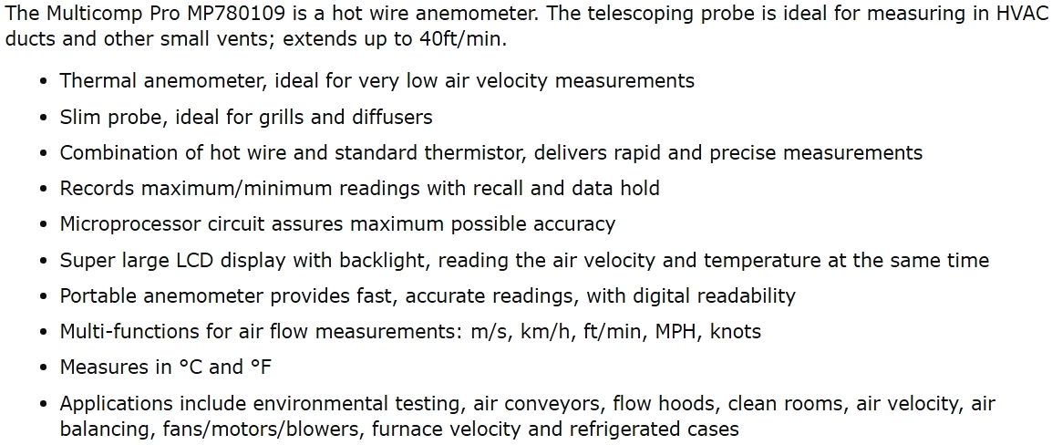 MULTICOMP PRO HOW WIRE THERMAL ANEMOMETER - MP780109 ציוד בדיקה ומכשירי ...