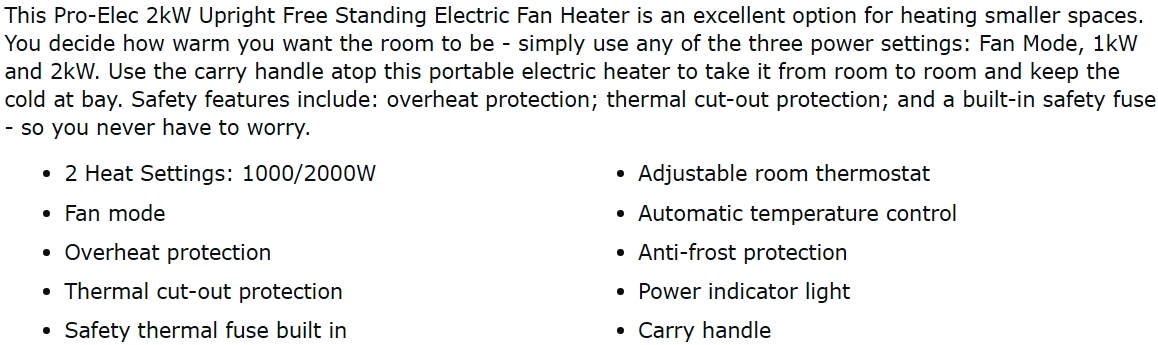 PRO ELEC 2000W UPRIGHT FREE STANDING FAN HEATER - PEL00495 מוצרי חשמל ...