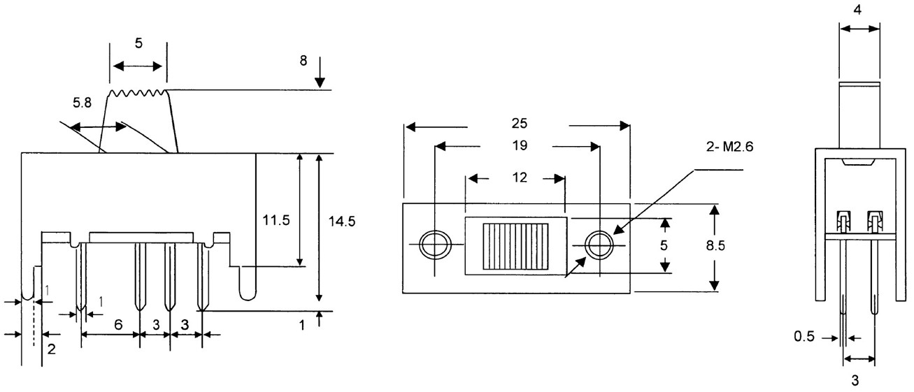 מפסק הזזה - SLIDE SWITCH DP3T ON/ON/ON - טלמיר אלקטרוניקה
