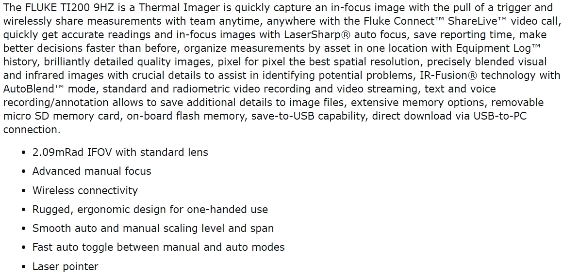FLUKE THERMAL IMAGING SYSTEM - TI200 9HZ ציוד בדיקה ומכשירי מדידה סידרה ...