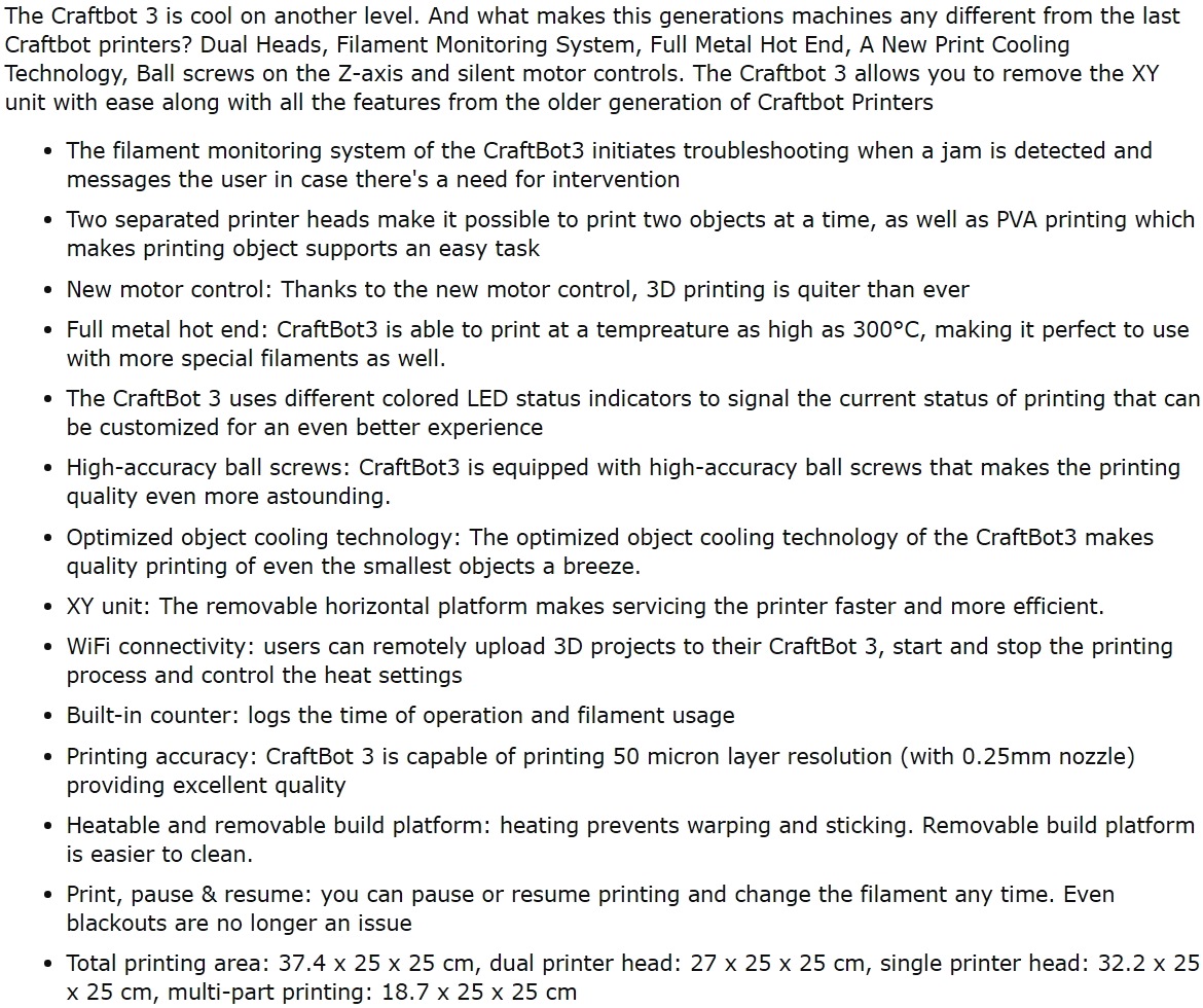 CRAFTBOT 3 3D PRINTER מוצרי פיתוח לאלקטרוניקה סידרה : 39226