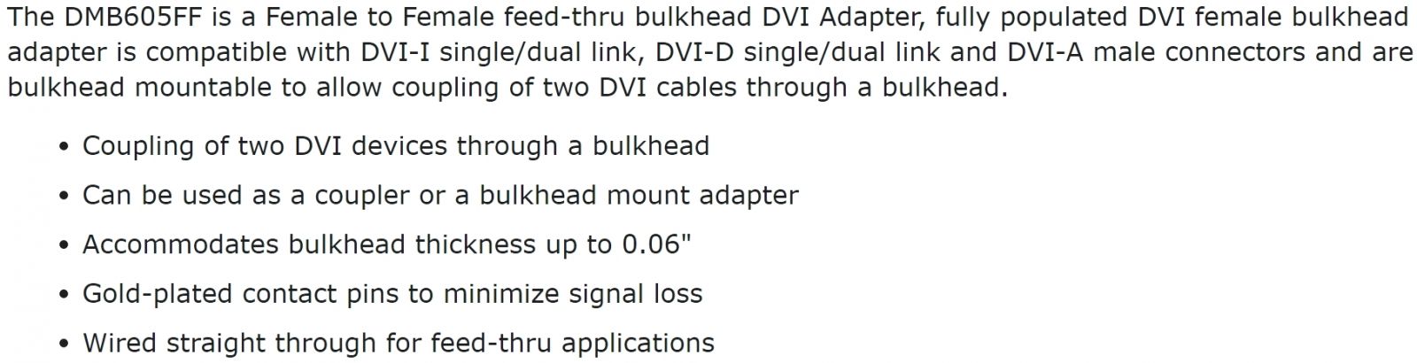 L-COM DVI-I BULKHEAD ADAPTER - DMB605FF קונקטורים, מחברים ומתאמים