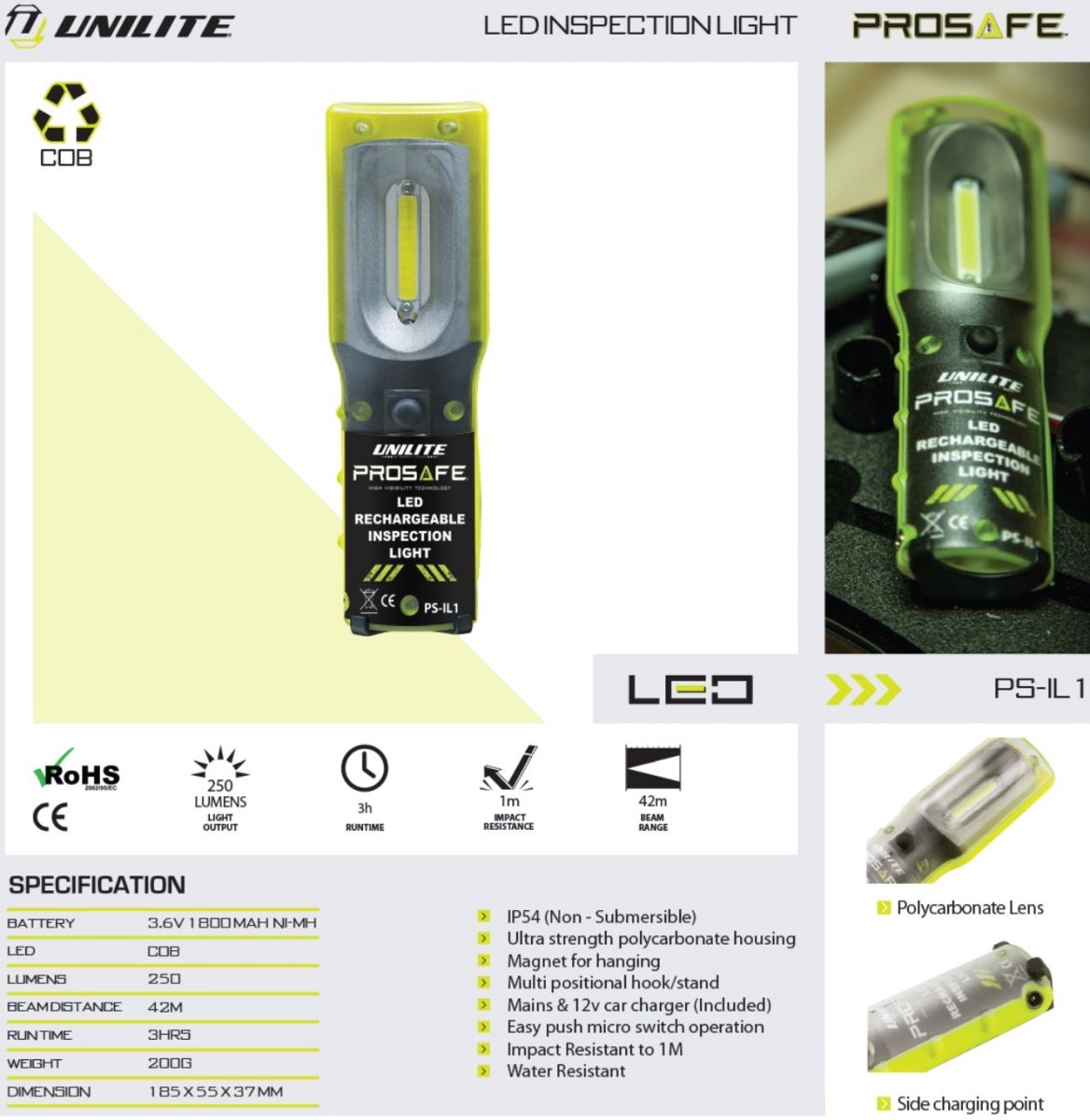 UNILITE INTERNATIONAL 250LM RECHARGEABLE INSPECTION LIGHT - PS-IL1 ...