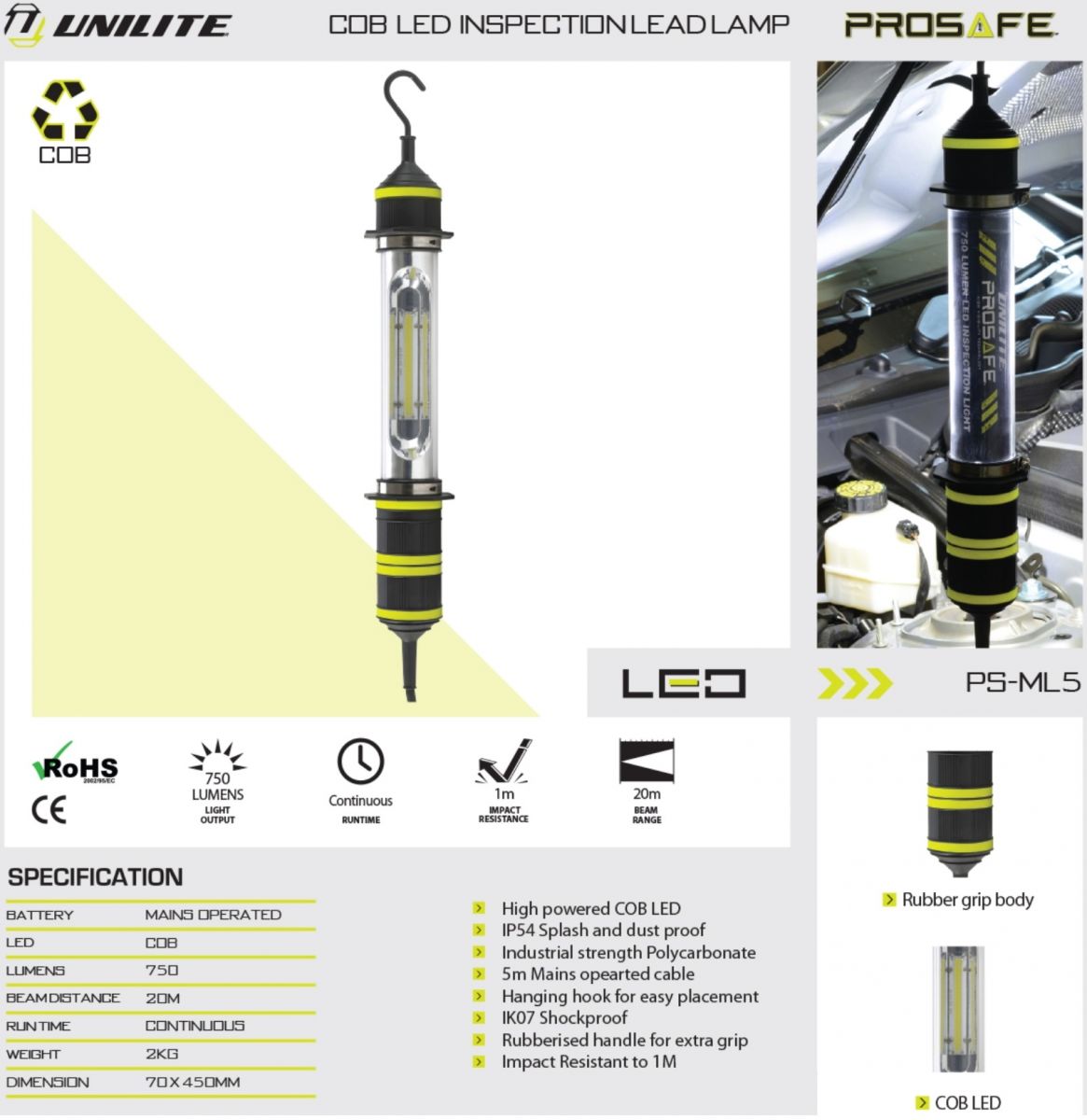 UNILITE INTERNATIONAL 750LM MAINS INSPECTION LIGHT - PS-ML5 נורות ...