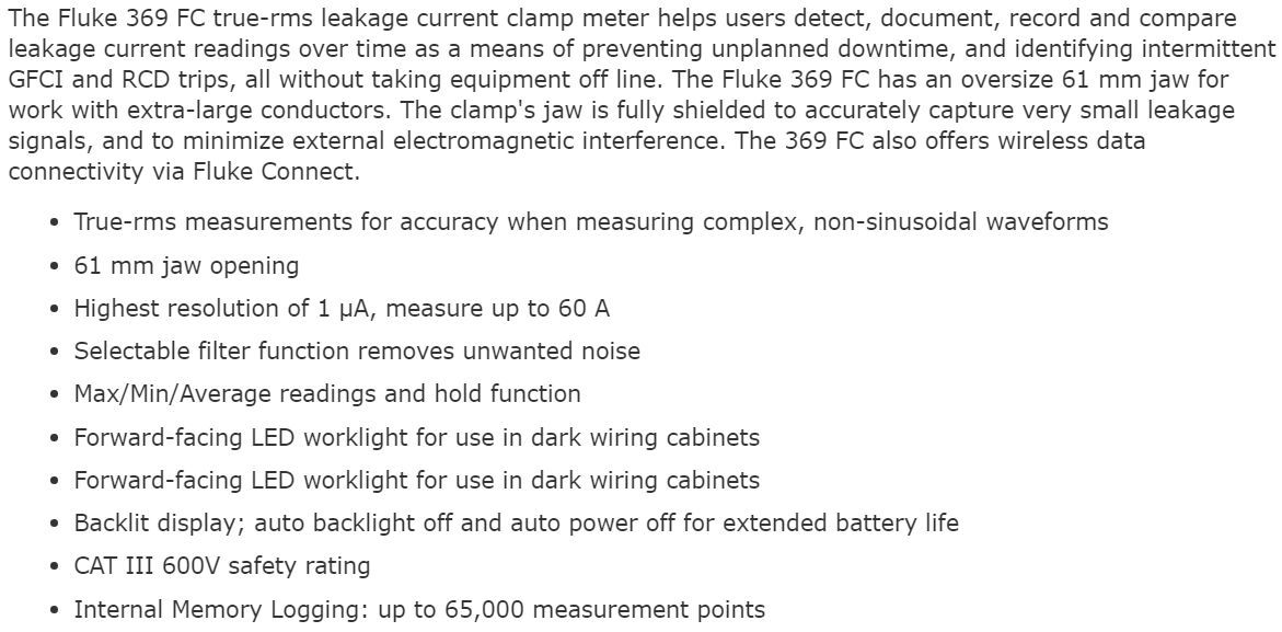 FLUKE DIGITAL CLAMP METER - FLUKE 369 FC ציוד בדיקה ומכשירי מדידה