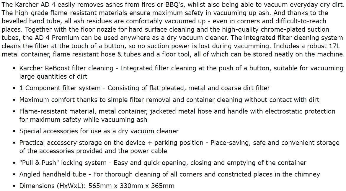 KARCHER AD4 PREMIUM ASH VACUUM CLEANER כלי עבודה נטענים / חשמליים סידרה ...