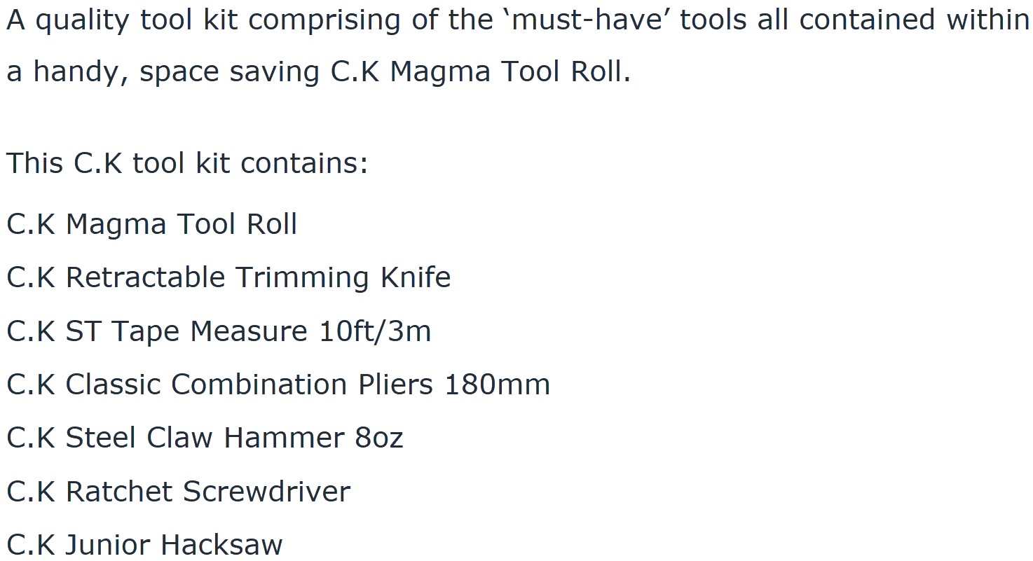 CK TOOLS MAGMA CORE TOOL KIT - T595 כלי עבודה ידניים סידרה : 9119