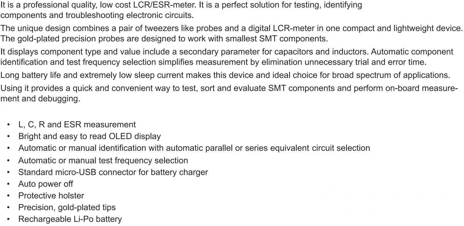 TENMA SMART TWEEZER - LCR METER ציוד בדיקה ומכשירי מדידה סידרה : 18275
